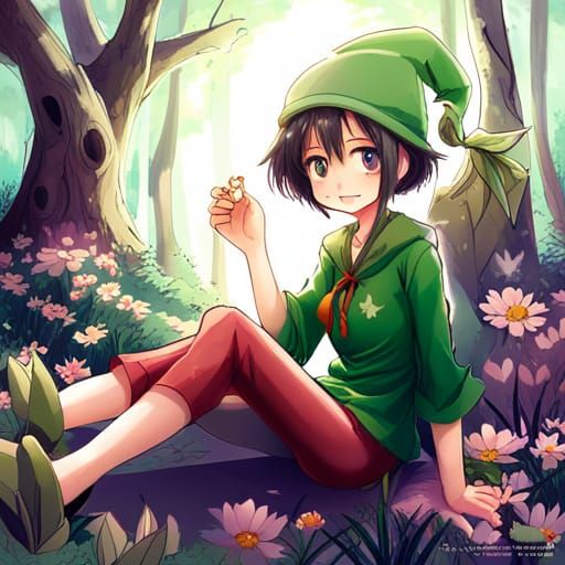 Happy young green pixie, with red hat, purple blouse, green trousers ...