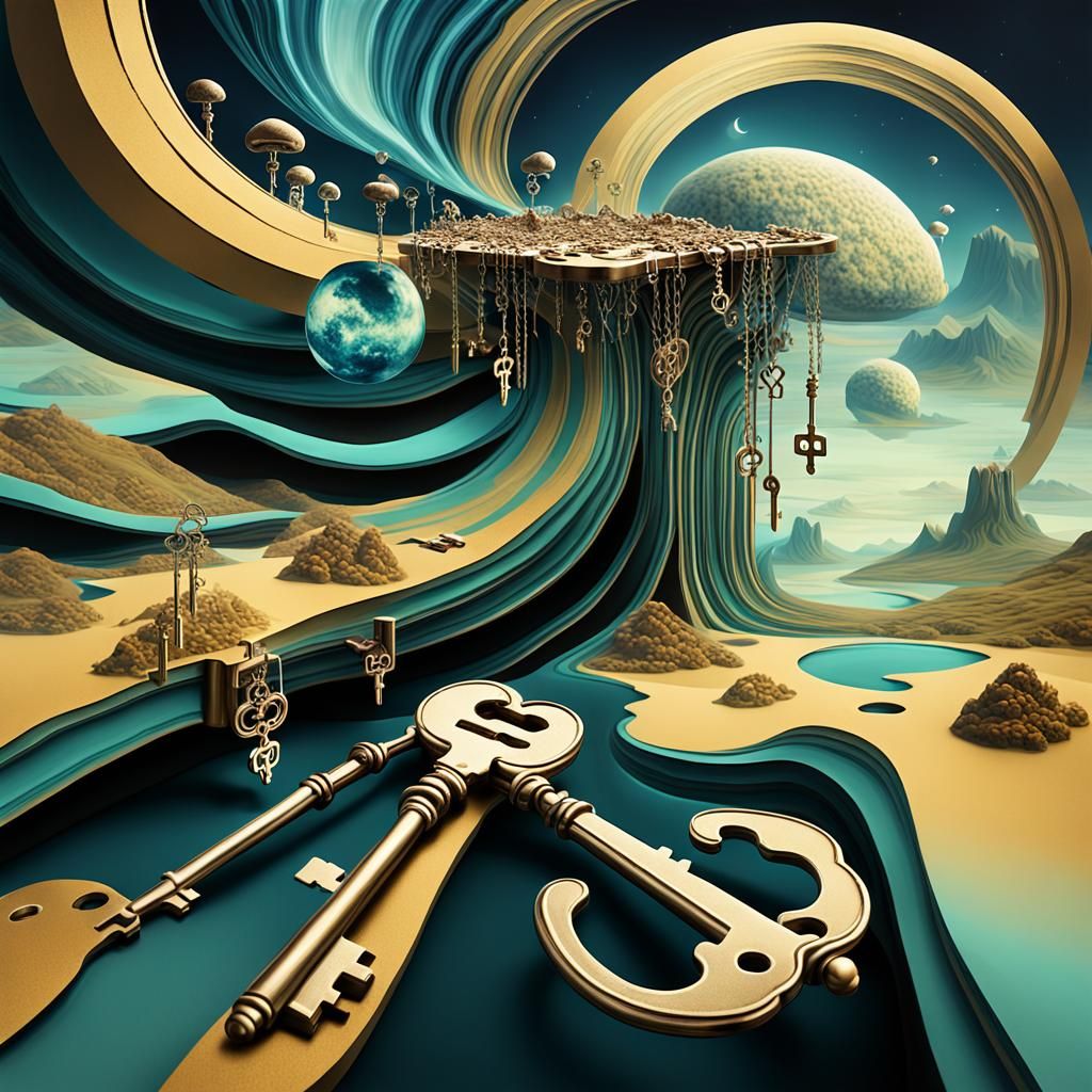 a surreal digital art piece depicting keys floating in a dreamlike ...