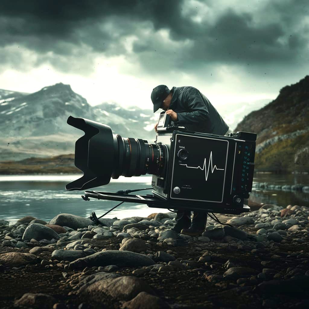Dramatic Photographer on Rocky Terrain with Heartb... - AI Art