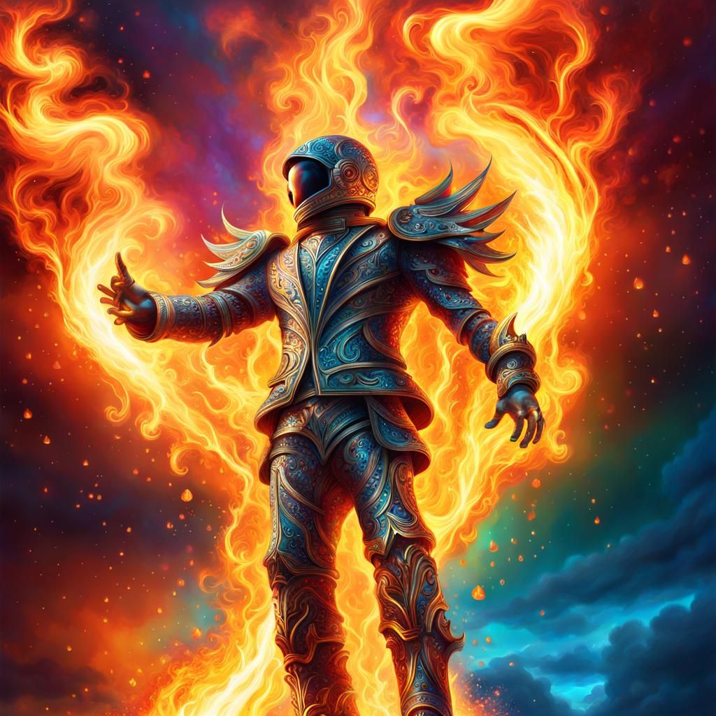 flaming Splash art, a painting of a burning Figurine in the sky ...