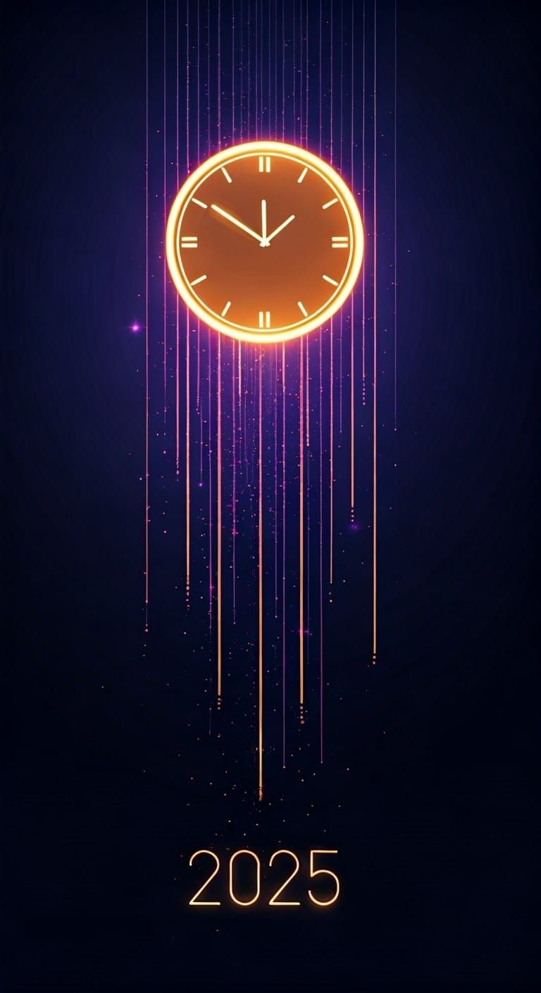 2025 - Glowing Clock Face Radiates Against Midnight Blue Sky
