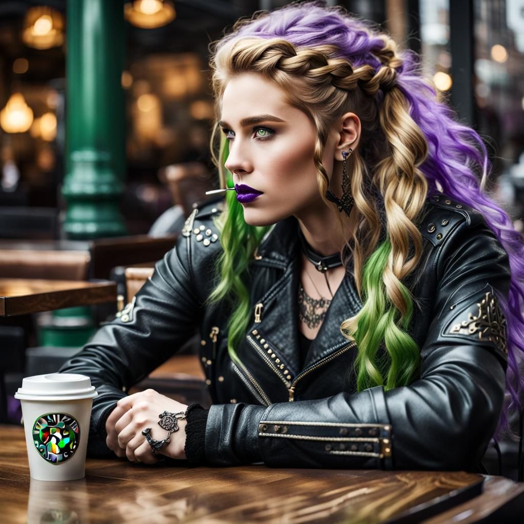 Valkyrie with Viking features, wavy golden hair that has purple dye in ...