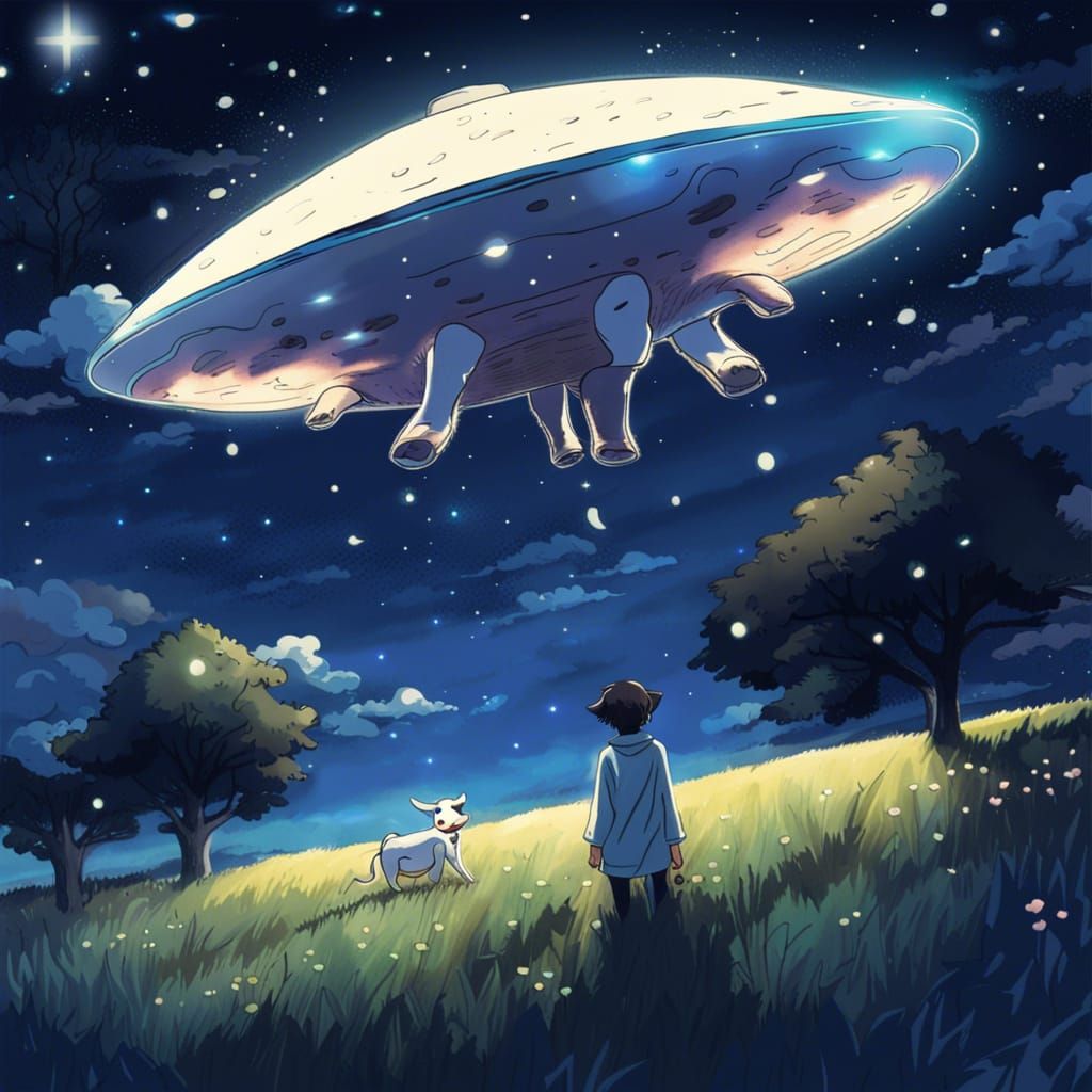 Ufo abducting a cow starry night sky by artist "anime", Anime Key ...