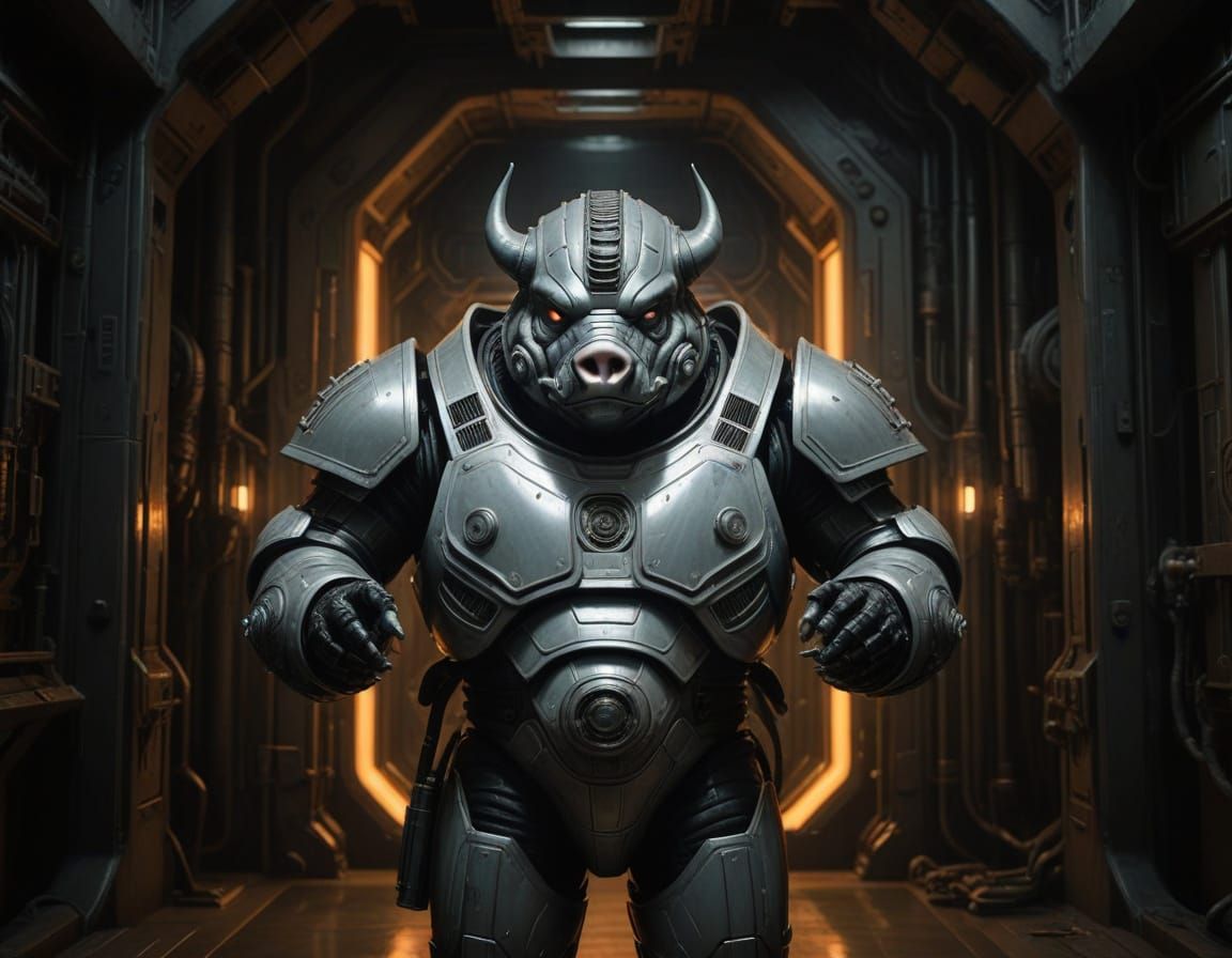 Cyberpunk Guard in Pig-Humanoid Armor at a Dystopi... - AI Art