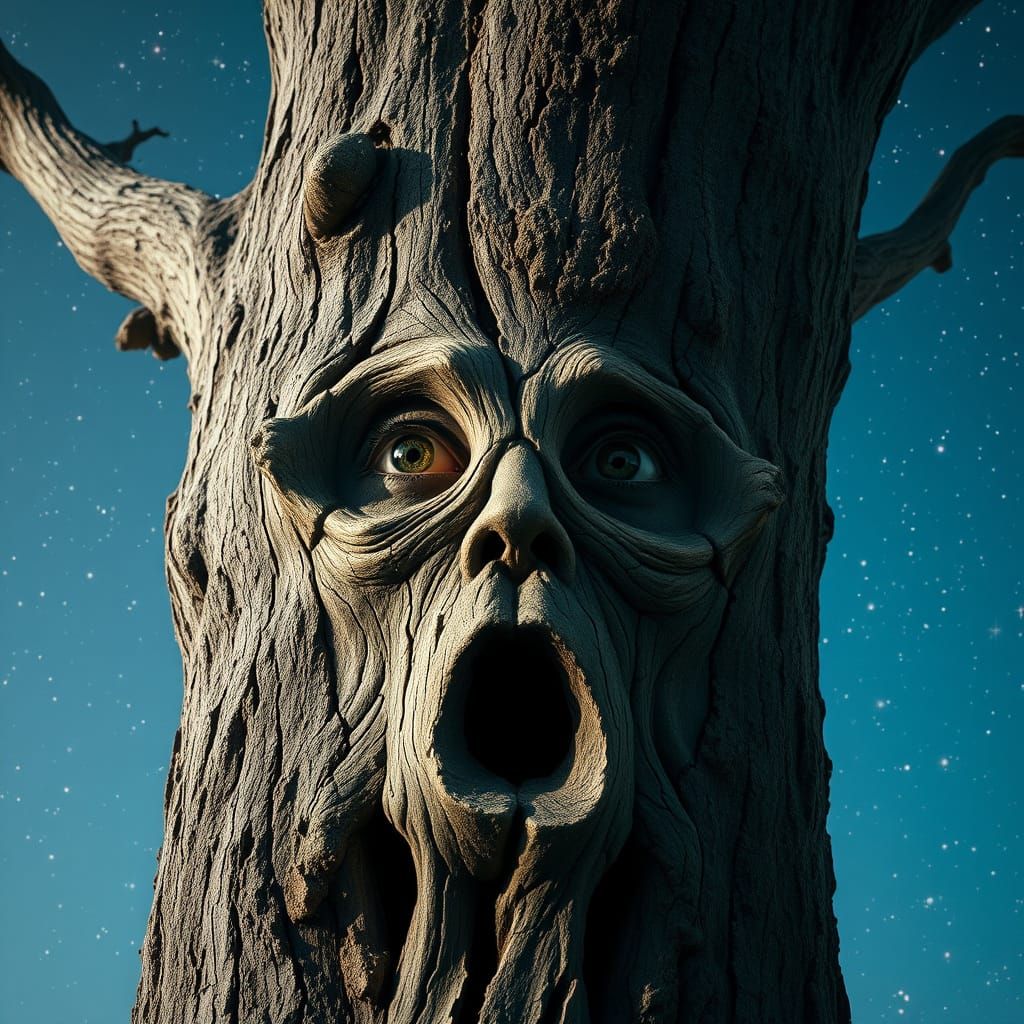 What? - Hyper-Realistic Tree Face in Starry Night Sky