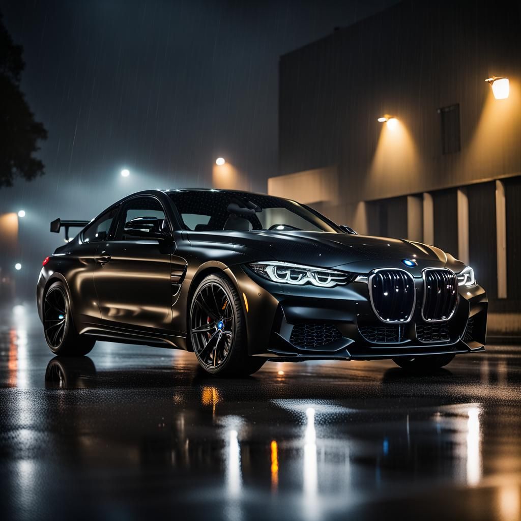 a photoshoot for a all black 2023 bmw m4 at night on a rainy night - AI ...