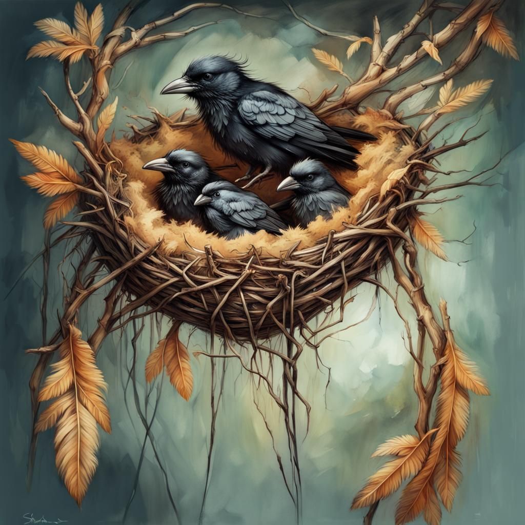 Hyper detailed, Three adorable Little crow chicks inside an intricately ...