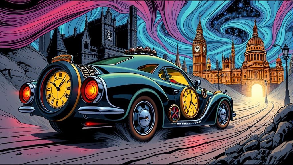 Retro-Futuristic Time Travel Car in Comic Book Sty... - AI Art