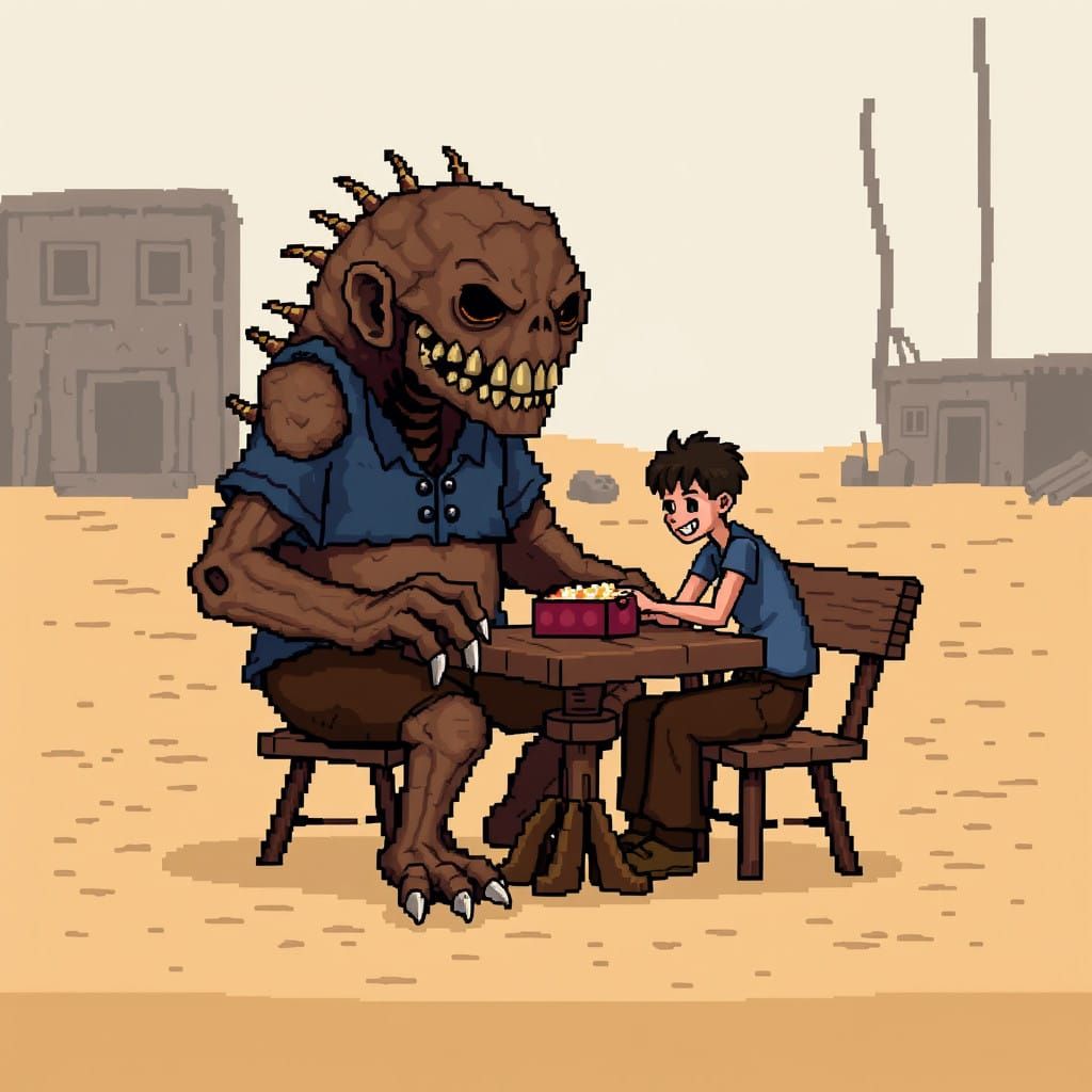 Retro Pixelated Monster Meets Human in a Deserted ... - AI Art