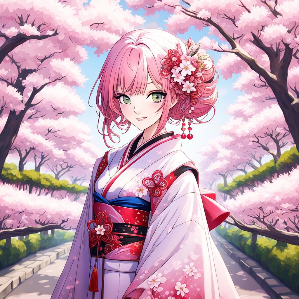 In a world of anime a geisha girl strolls through a park of cherry ...