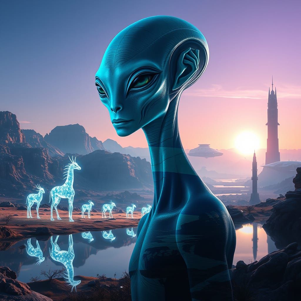 Double exposure. Side profile portrait of Alien surrounded by Alien ...