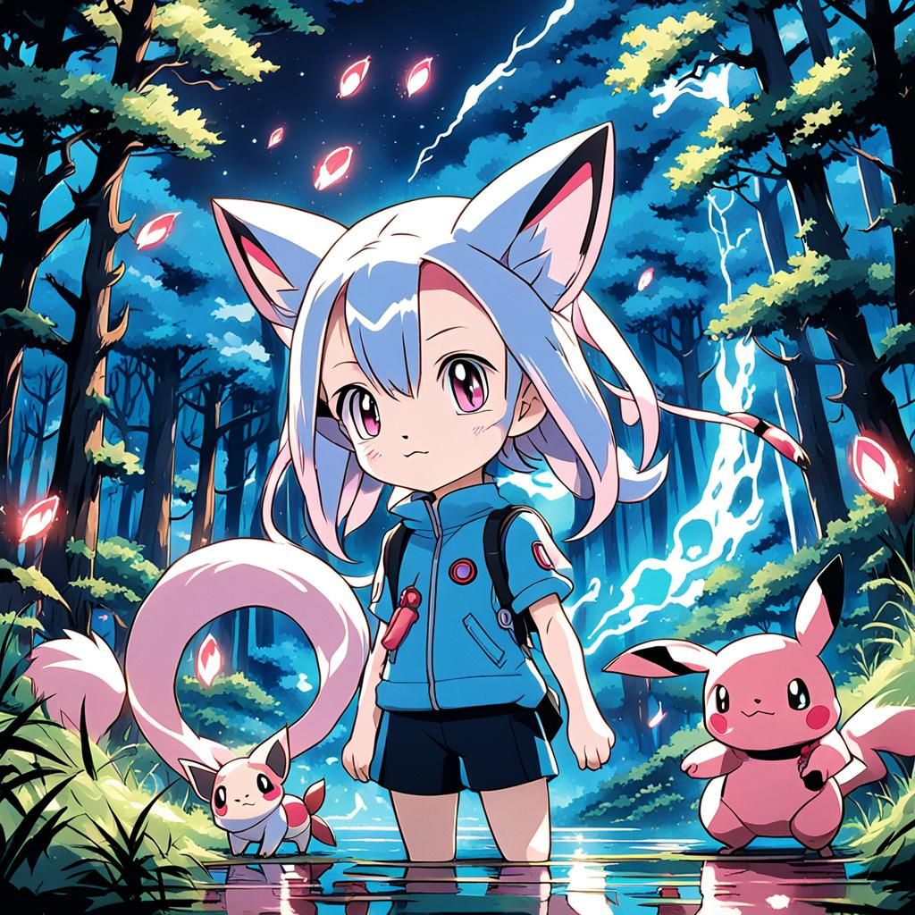Pokémon Mew with pretty anime Chibi trainer girl, enchanted forest ...