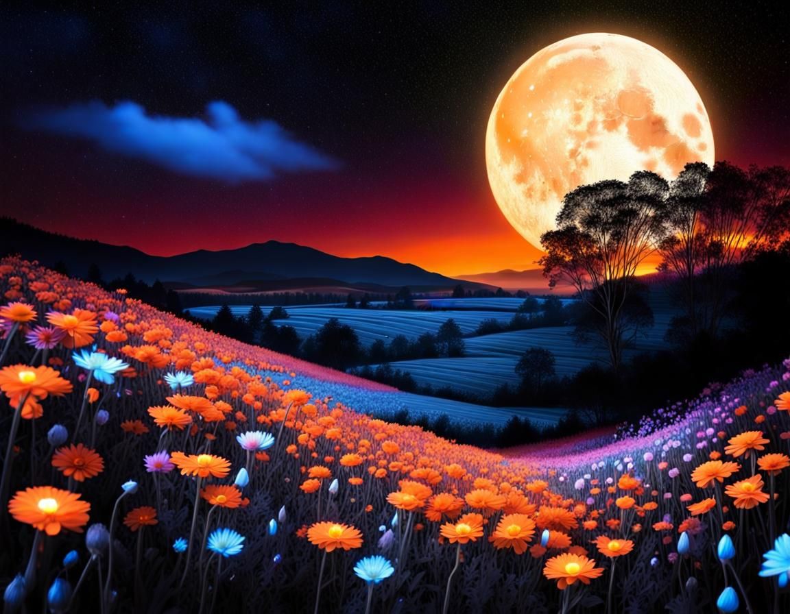 Moonlight Flower Fields 2 - AI Generated Artwork - NightCafe Creator
