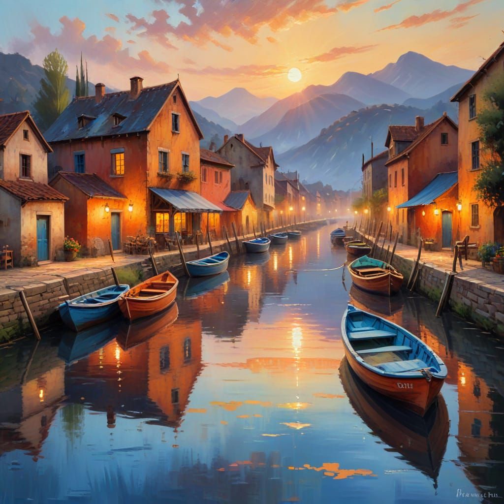 A vibrant painting - Impressionist Canal Scene at Sunset in...