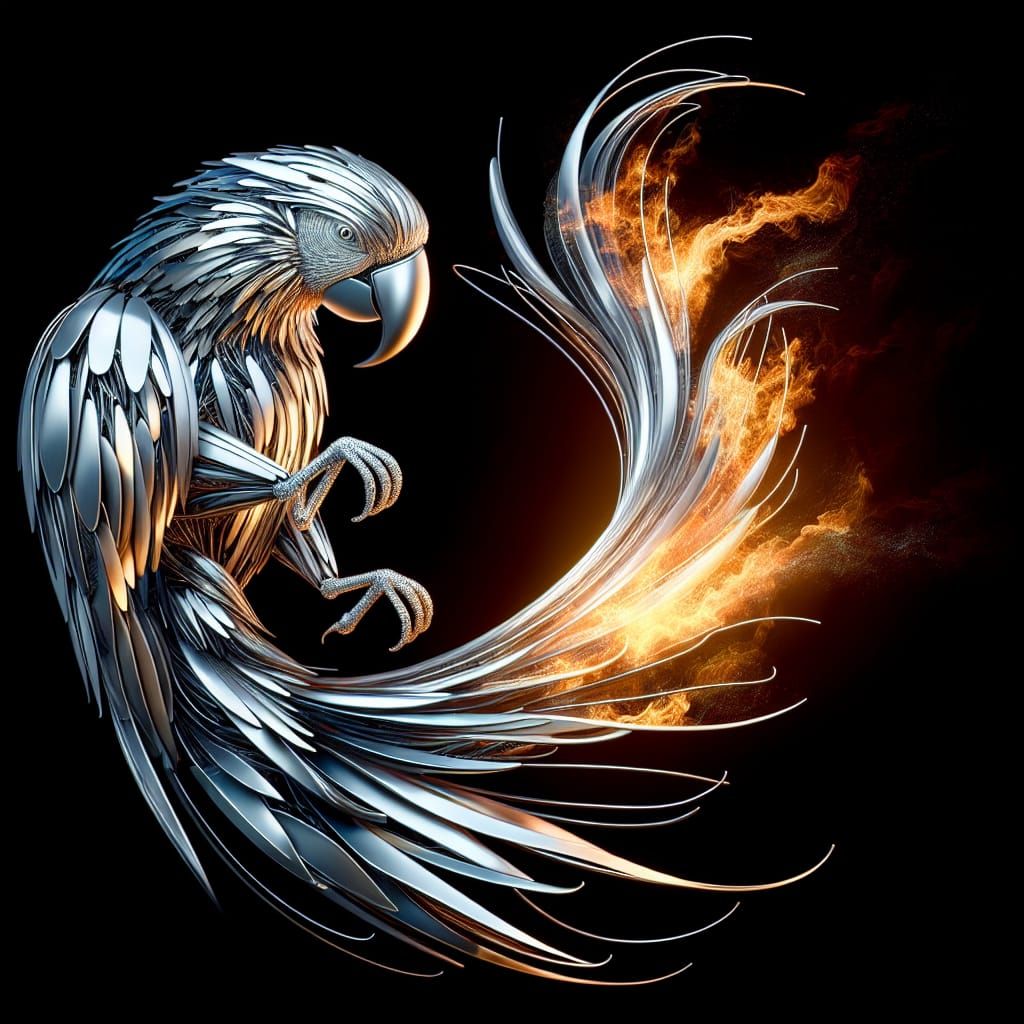Silver Macaw - Metallic Parrot Goddess with Flaming Tail