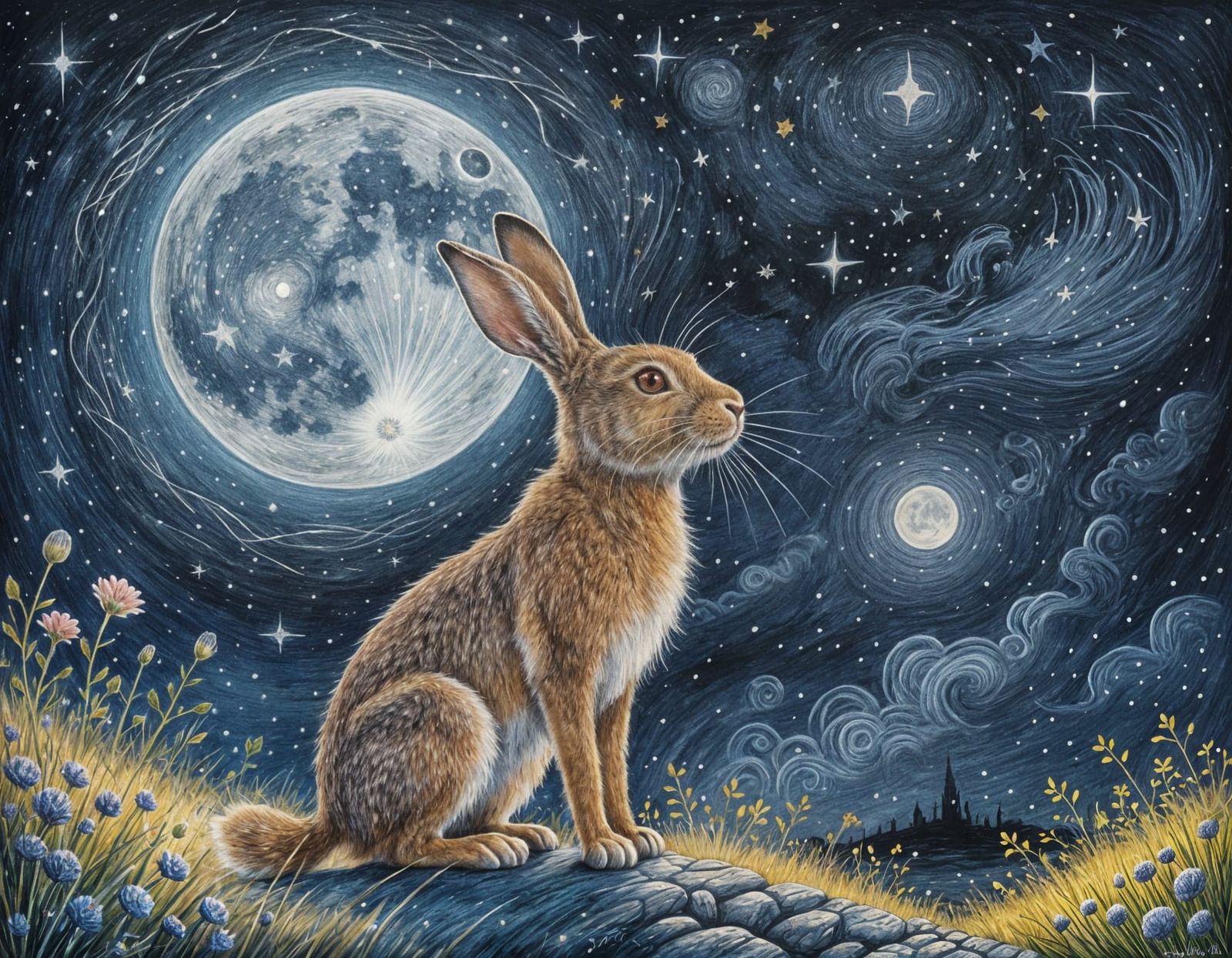 Hare and Moon - Whimsical Hare Contemplates Starry Night Sky
