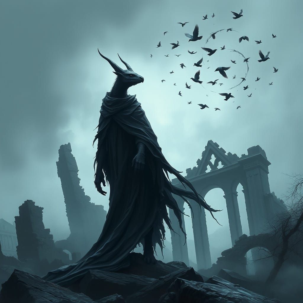 Psychopomp - Ethereal Guardian Beast in Dark, Gothic Ruins