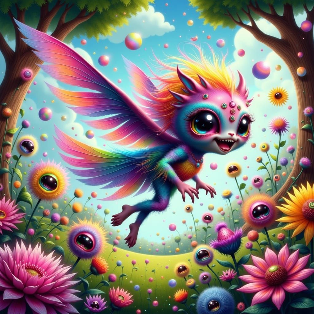 Vibrant Fae Creature Soars Through Whimsical Yard ... - AI Art