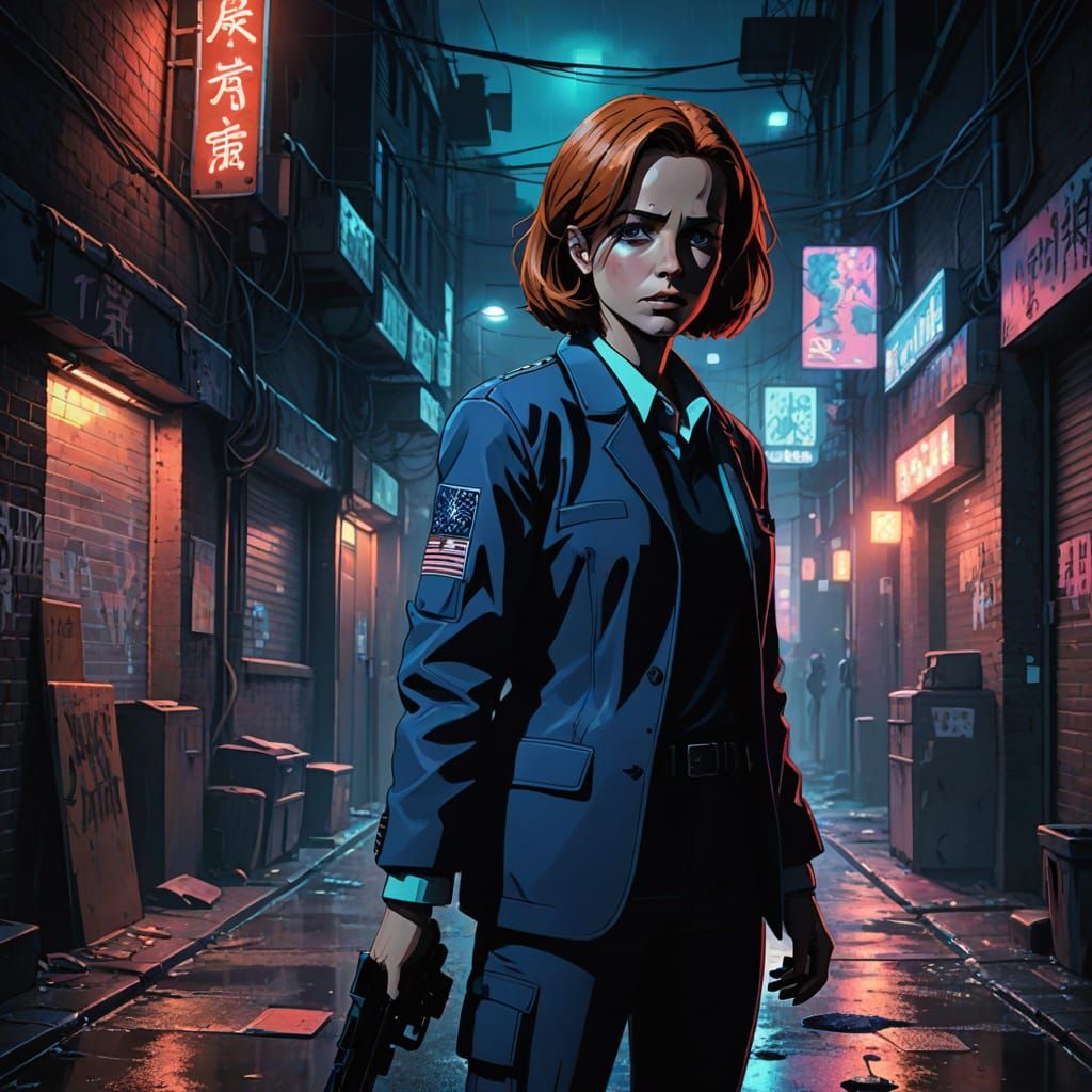 Scully Confronts the Captured Killer in a Neon-Dre... - AI Art