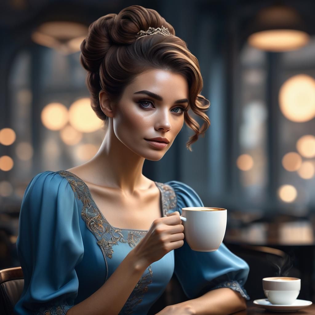 Brunette Cinderella at a coffee shop - AI Generated Artwork - NightCafe Creator