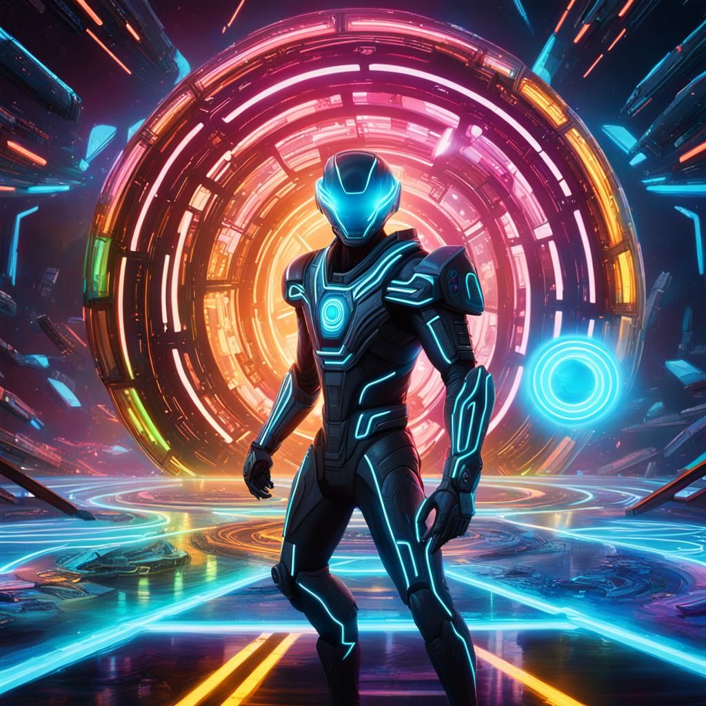 Tron with a neon disc in an alien arena - AI Generated Artwork ...