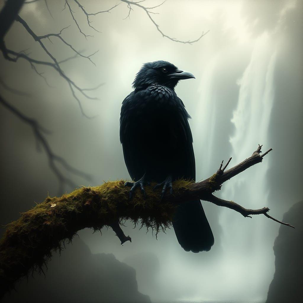 crow - Mystical Crow Amidst Eerie Fog in Mystic Falls