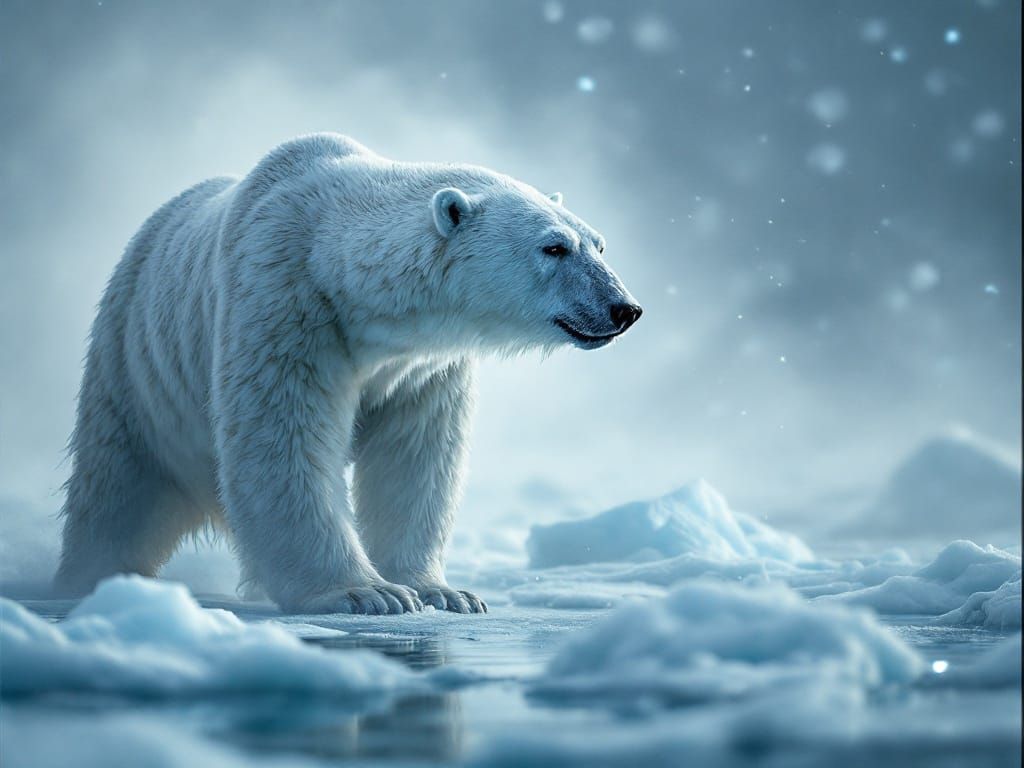 A close up polar bear side profile, standing on a vast ice shelf with clear, reflective ice ...