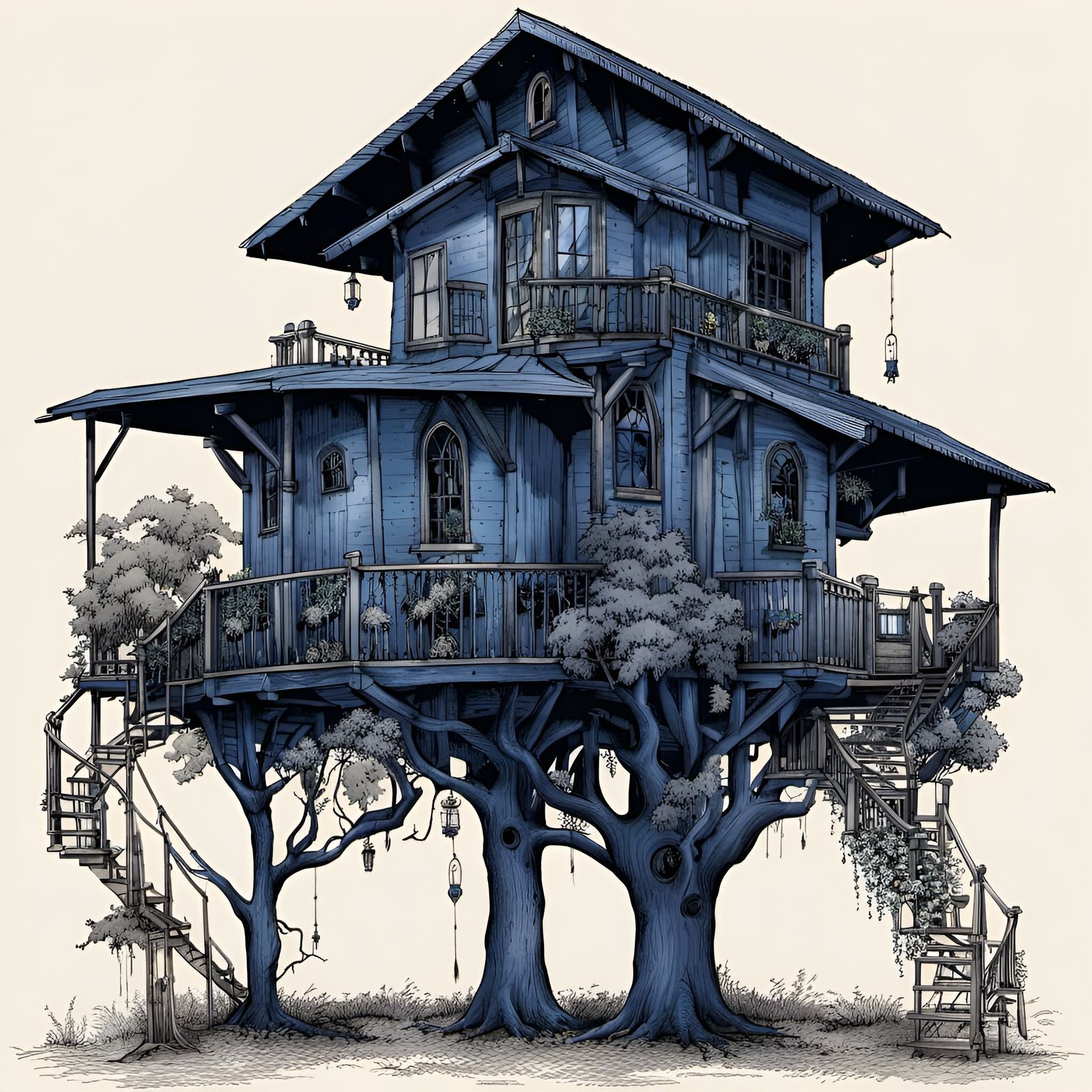 Blue Tree House - AI Generated Artwork - NightCafe Creator