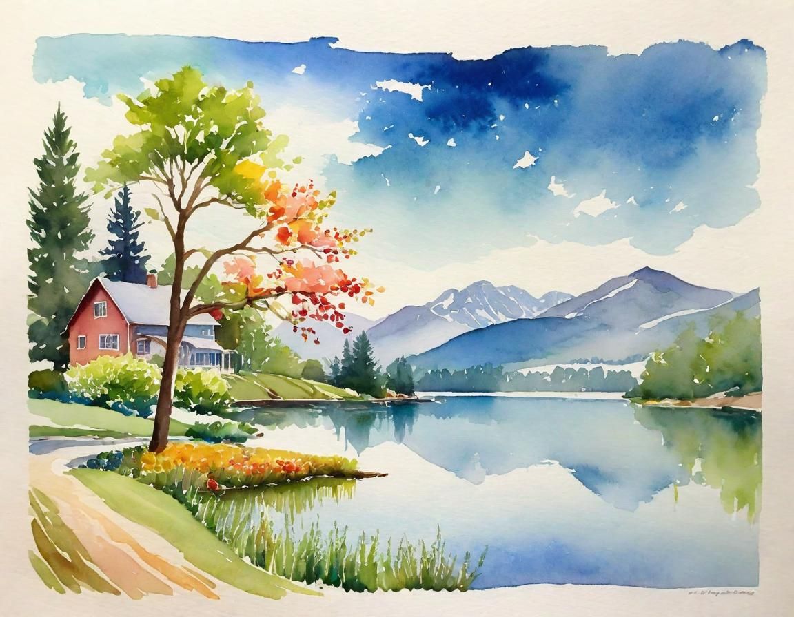 My Home in the backdrop of serene country scape with trees, a lake ...