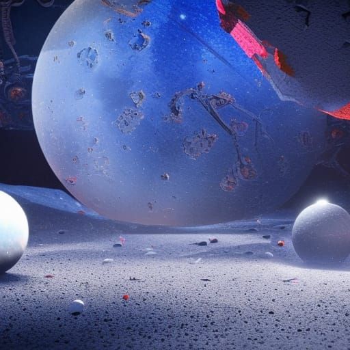 shattered glass pieces, two multi colored glowing glass orbs, surface ...