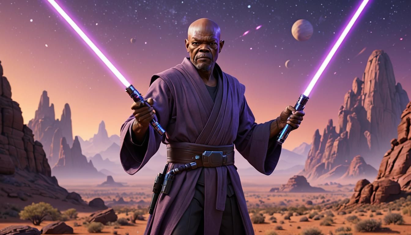 jedi, holding purple lightsaber, samuel l jackson, purple tinted light ...