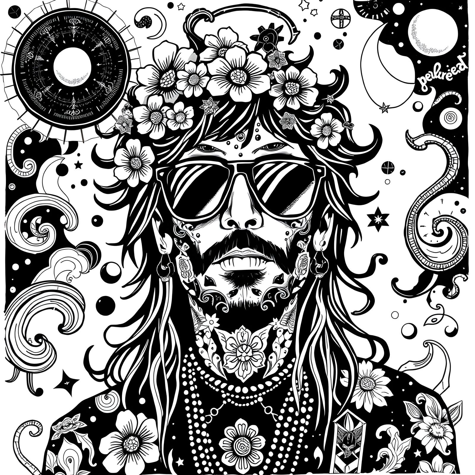 Black and White Ink Drawing of a Hippy Rocker