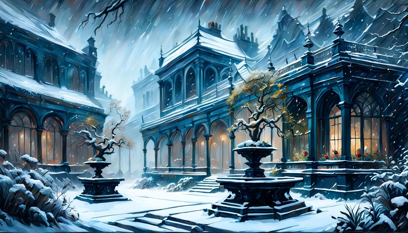 [Dark fantasy Winter Garden during heavy snowstorm:0.8] (MysteriousXL ...