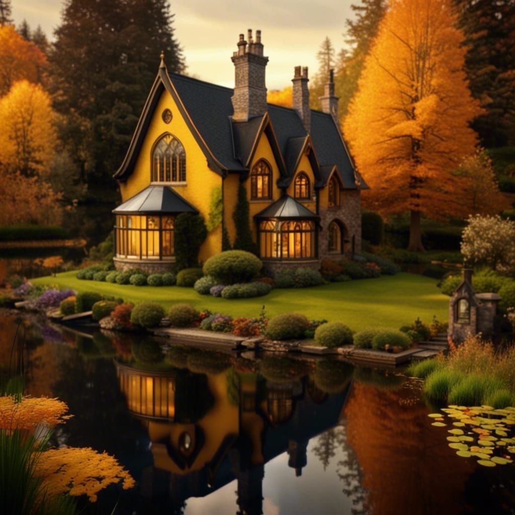 High Gothic Cottagecore Cozy English Victorian Home next to a Shallow ...