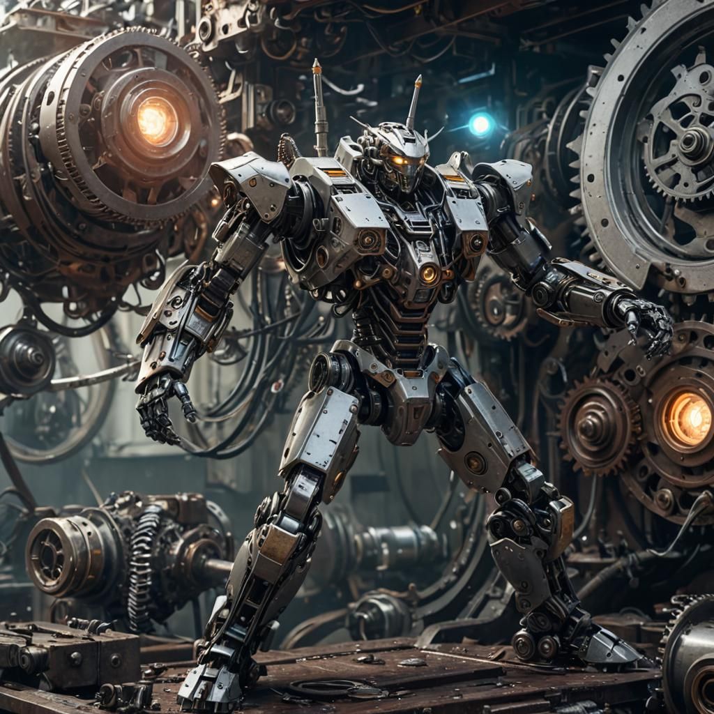 futuristic MECHA Automaton. Visible Gears, Springs, Sprockets, Timing ...