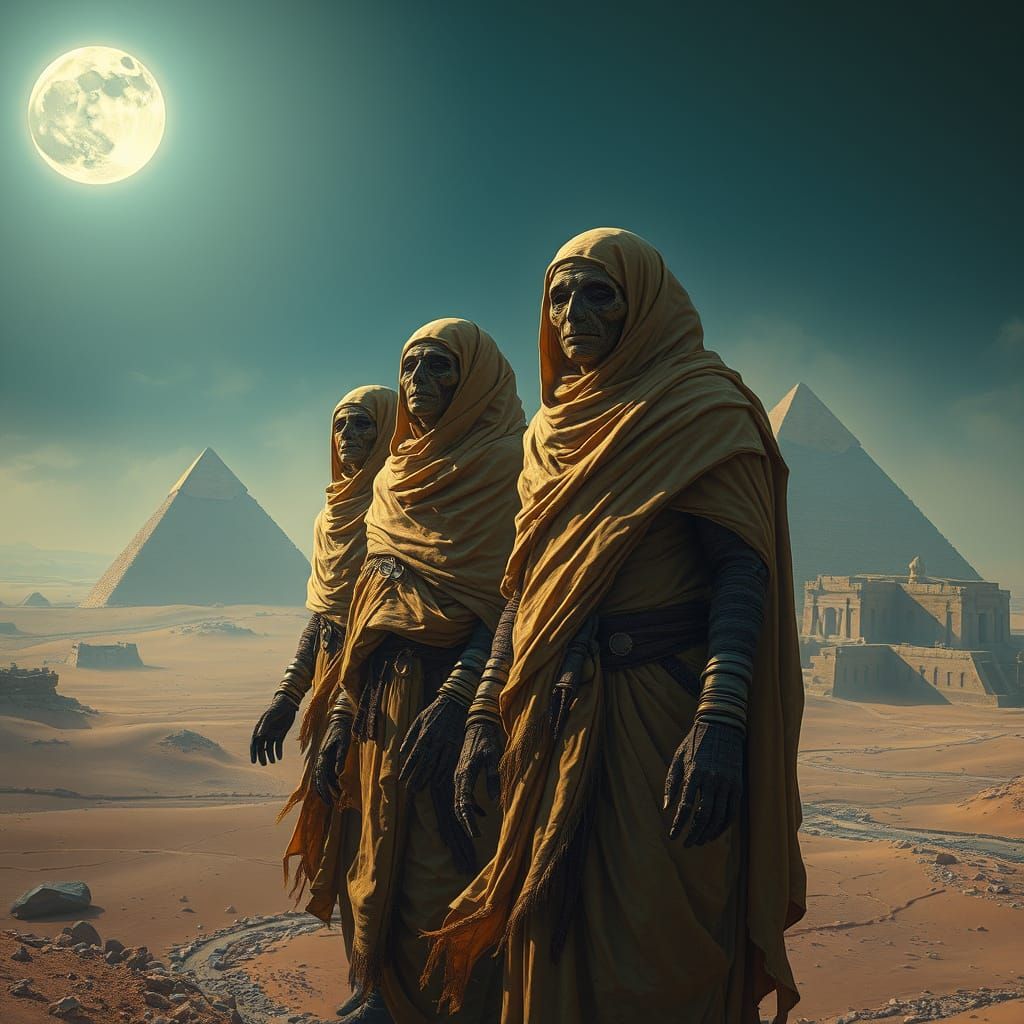 Mummies Alive - Egyptian Mummies Stand Tall Under Moonlit Sk...