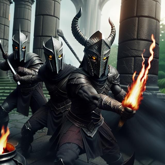 shadow warriors wearing corinthian helmets, wielding fire magic ...