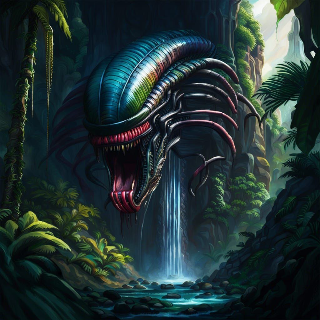 landscape,jungle,hill,waterfall,temple of alien xenomorph predator - AI ...