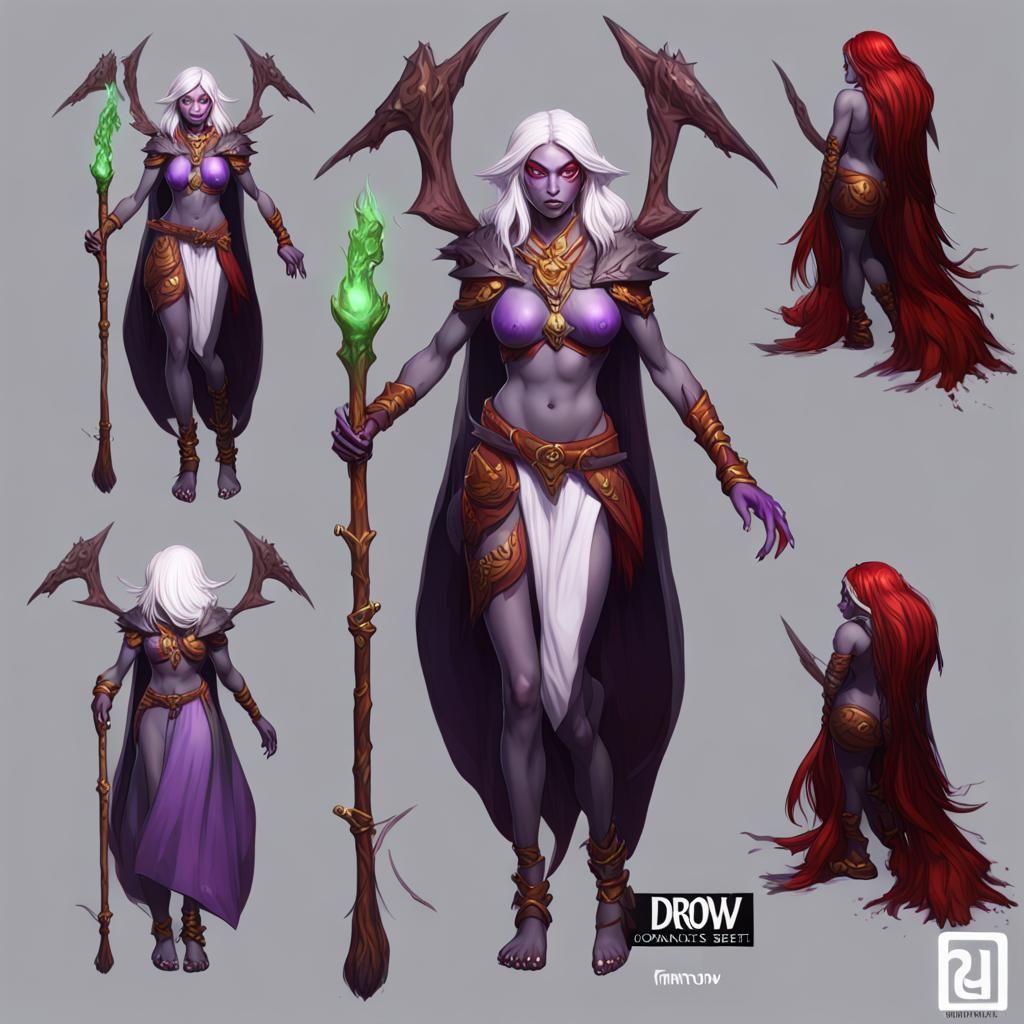 drow dnd character sheet, druid. colors: purple, white, gold, and red. Drow with white skin ...