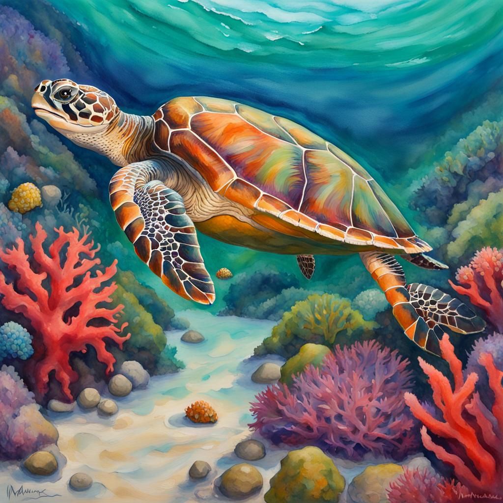 closeup green sea turtle with barnacles swimming in a sea of light ...