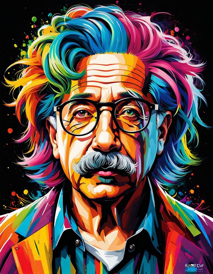 colorful hipster albert einstein (wearing very big BLACK FASHIONABLE ...
