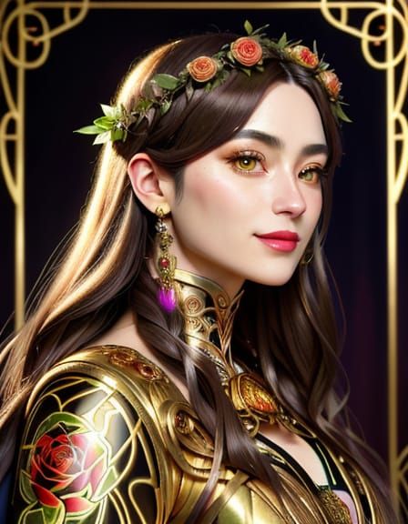 Art Nouveau. Neon color palette. Studio Ghibli anime character. Full ...