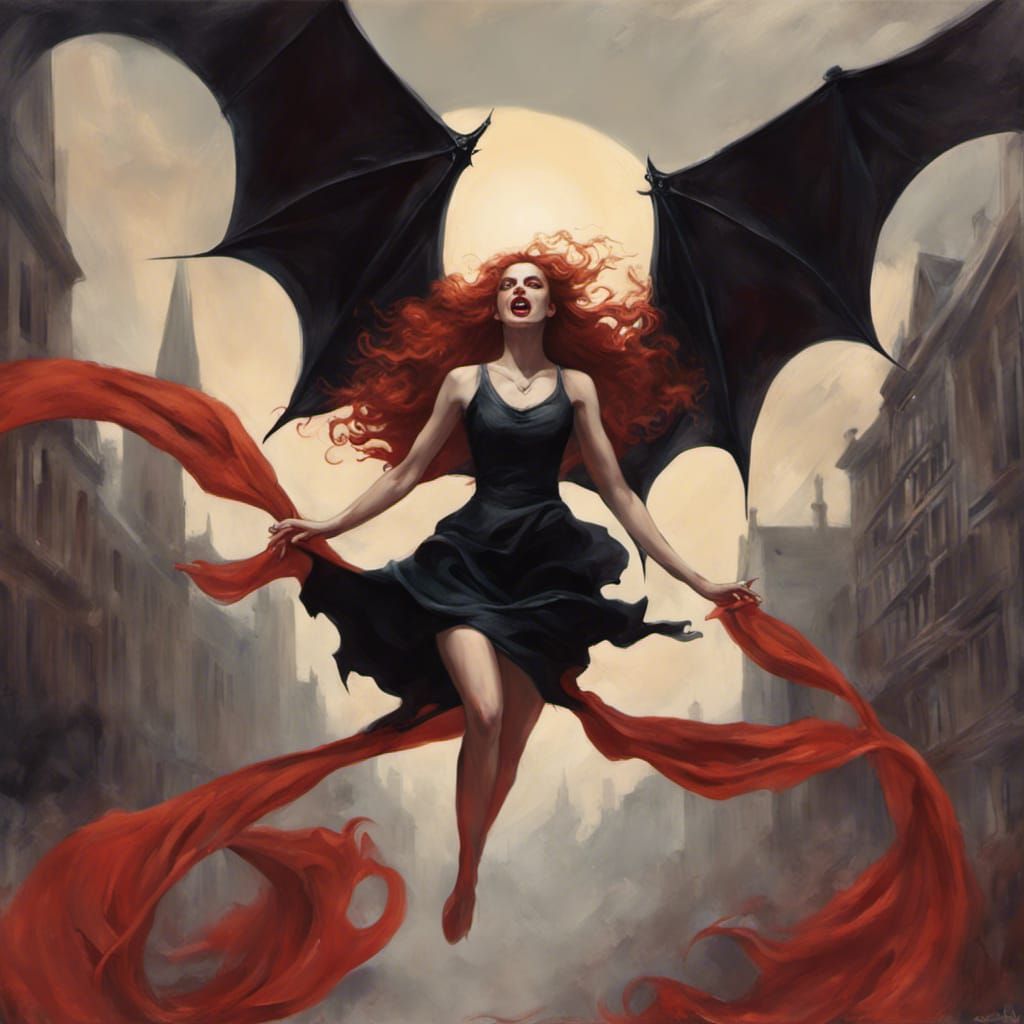 Striking woman with the wings of a bat and vampiric fangs. Magic ...