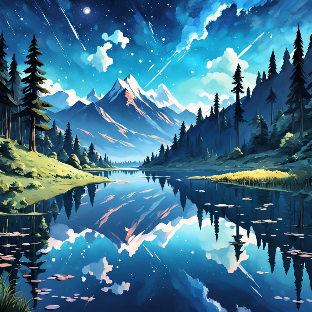 Lake - Starry Lake: Gouache and Watercolor Impressionist Mas...