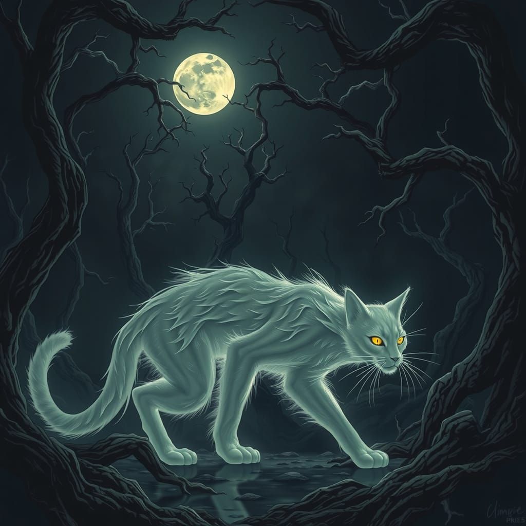 Ethereal Feline Spirit Wanders Spooky Forest at Ni... - AI Art