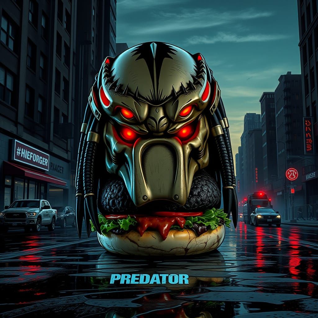 Predator as a burger - Cyberpunk Burger Beast in Dark Citysc...