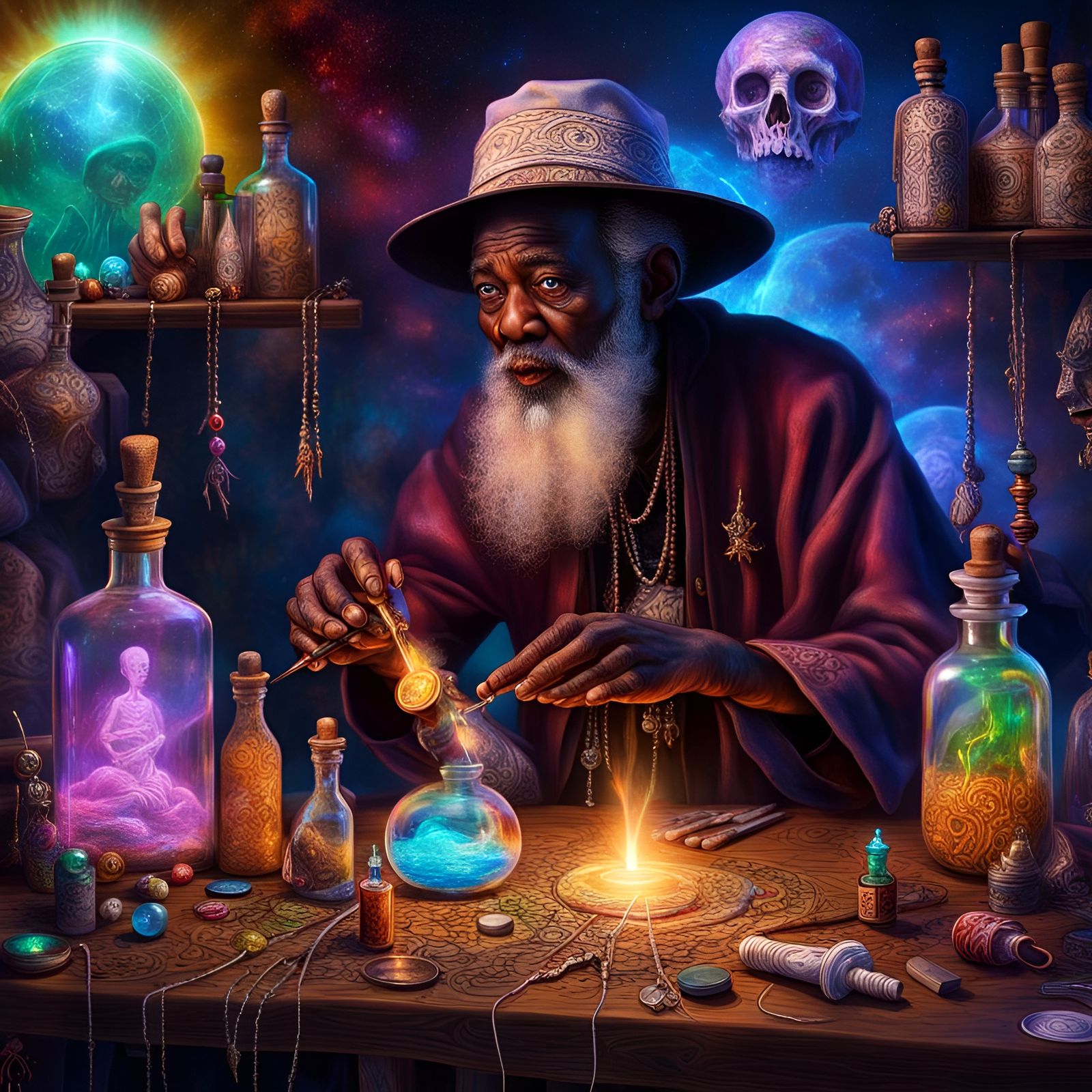 Old sorcerer conjuring magic in Haiti , voodoo dolls,pins, bottles of ...