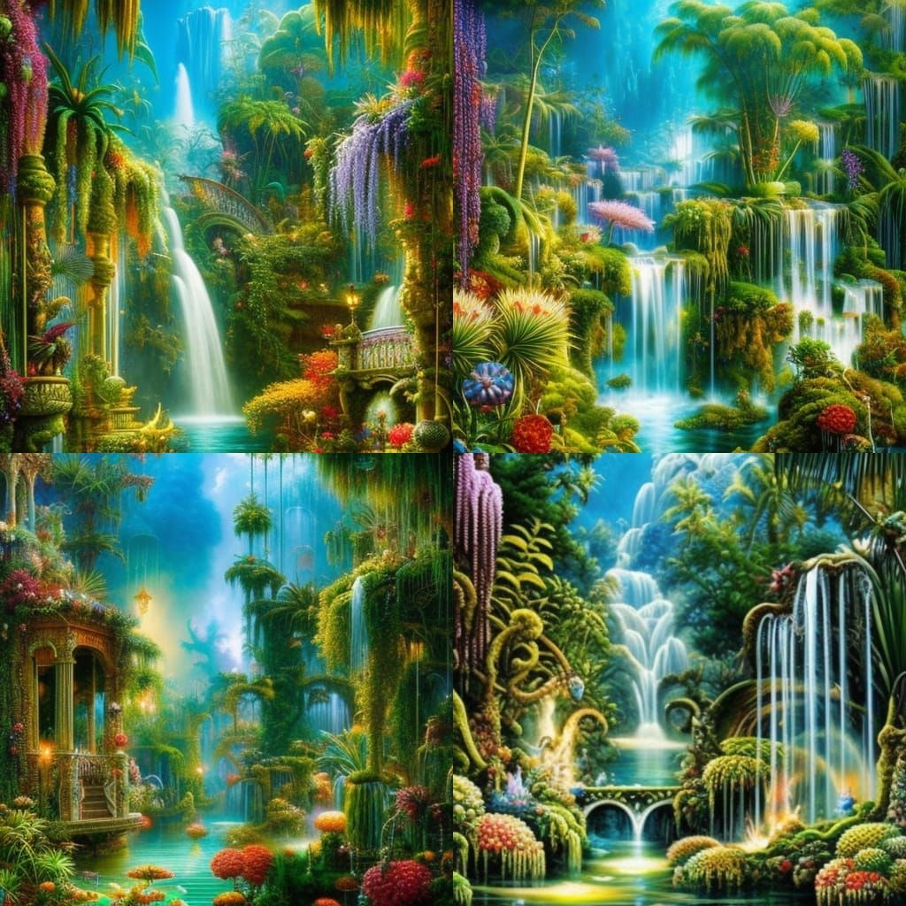 a fantastical water garden with lots of large fantastical highly ...