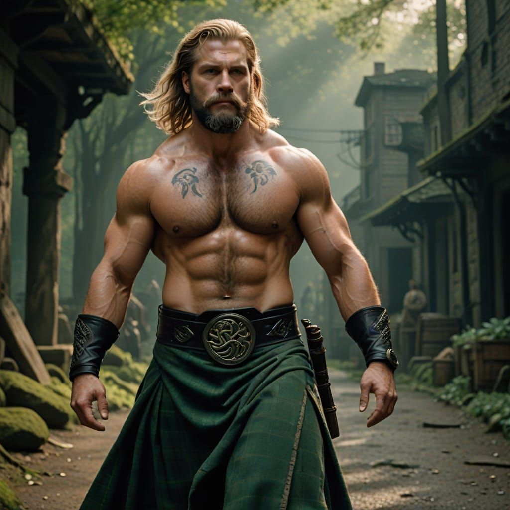 Muscular Superhero in Celtic-Inspired Kilt, Radian... - AI Art