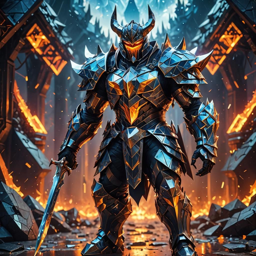 A fearsome and powerful demon knight made of crystalline geometric ...
